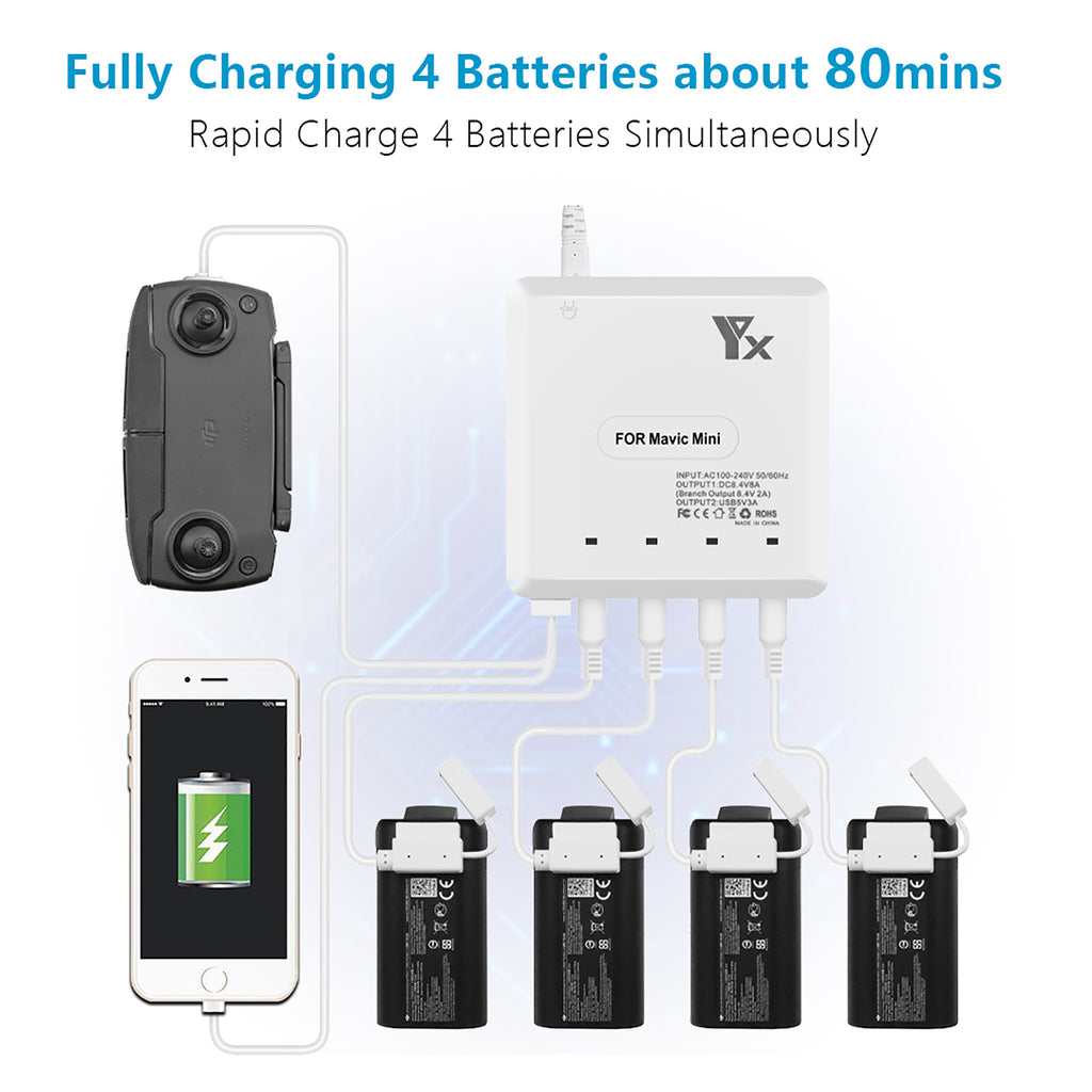 Mavic Mini Battery Charger, 6 in 1 Battery Charging Hub, 4 Batteries ...